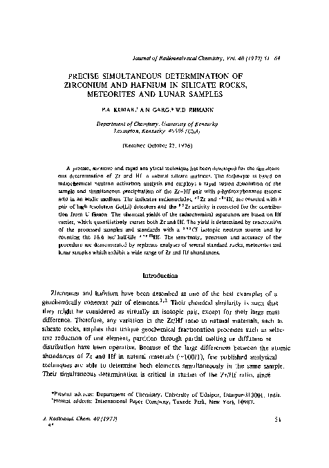 Pdf Precise Simultaneous Determination Of Zirconium And Hafnium In Silicate Rocks Meteorites