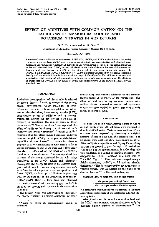 Pdf Effect Of Additives With Common Cation On The Radiolysis Of Ammonium Sodium And Potassium