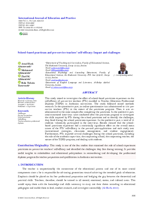 (PDF) School-based practicum and pre-service teachers' self-efficacy: Impact and challenges