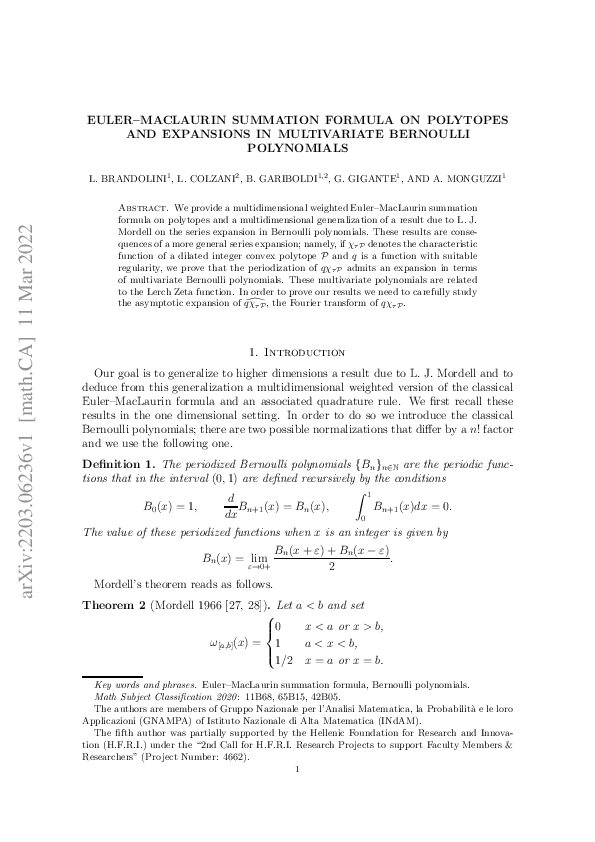 (PDF) Euler-MacLaurin summation formula on polytopes and expansions in multivariate Bernoulli ...