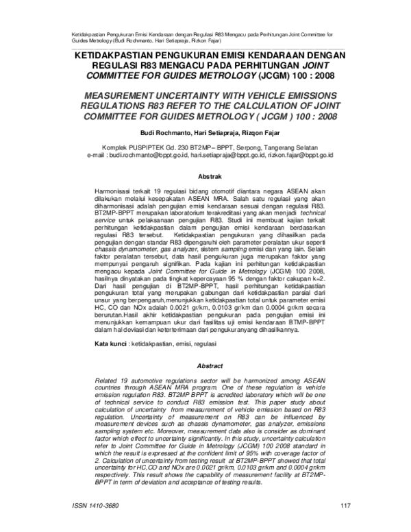 Pdf Ketidakpastian Pengukuran Emisi Kendaraan Dengan Regulasi R83 Mengacu Pada Perhitungan