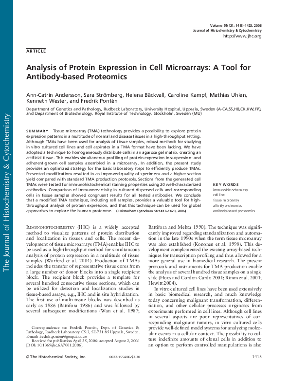 (PDF) Analysis of Protein Expression in Cell Microarrays: A Tool for Antibody-based Proteomics