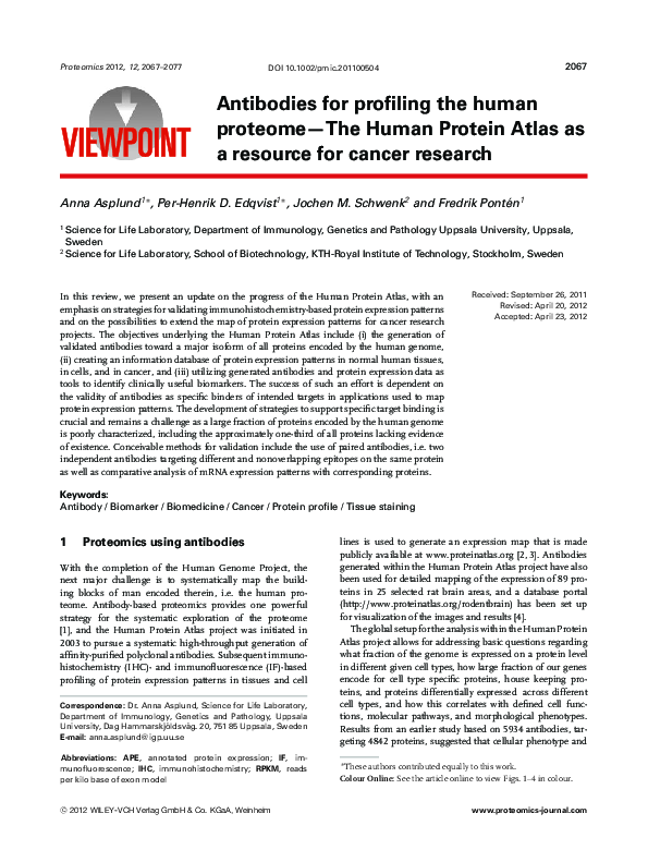 (PDF) Antibodies for profiling the human proteome-The Human Protein Atlas as a resource for ...