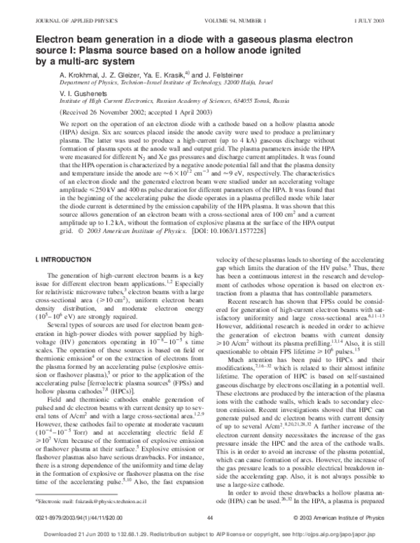 (PDF) Electron beam generation in a diode with a gaseous plasma electron source I: Plasma source ...