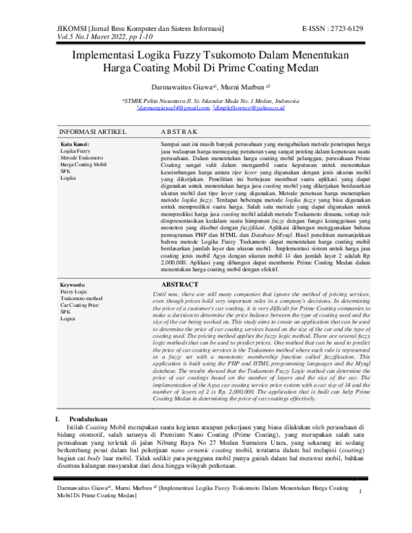 (PDF) Implementasi Logika Fuzzy Tsukamoto Dalam Menentukan Harga Coating Mobil Di Prime Coating ...