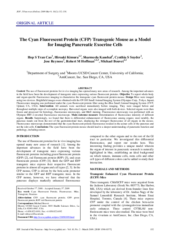 (PDF) The cyan fluorescent protein (CFP) transgenic mouse as a model ...