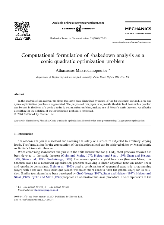 (PDF) Computational formulation of shakedown analysis as a conic quadratic optimization problem