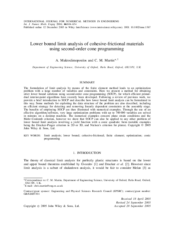 Pdf Lower Bound Limit Analysis Of Cohesive Frictional Materials Using Second Order Cone