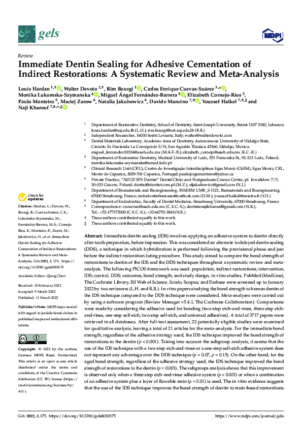 (PDF) Immediate Dentin Sealing for Adhesive Cementation of Indirect Restorations: A Systematic ...