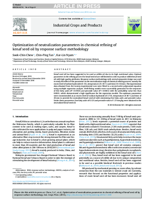 Pdf Optimization Of Neutralization Parameters In Chemical Refining Of