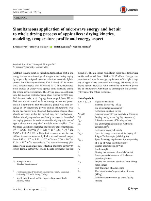 Pdf Simultaneous Application Of Microwave Energy And Hot Air To Whole