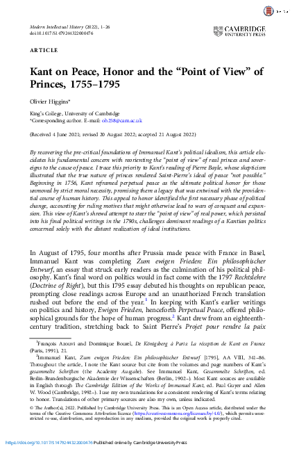 (PDF) Kant on Peace, Honor and the “Point of View” of Princes, 1755–1795