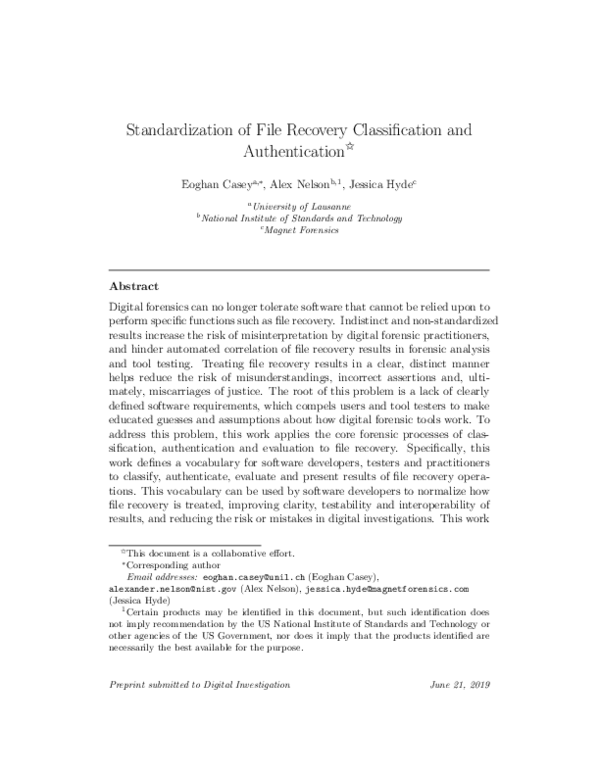 (PDF) Standardization of file recovery classification and authentication