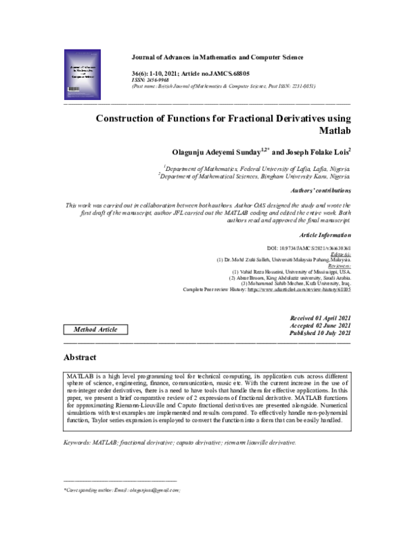 (PDF) Construction of Functions for Fractional Derivatives using Matlab