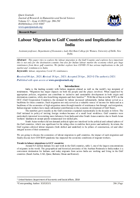(PDF) Labour Migration to Gulf Countries and Implications for India