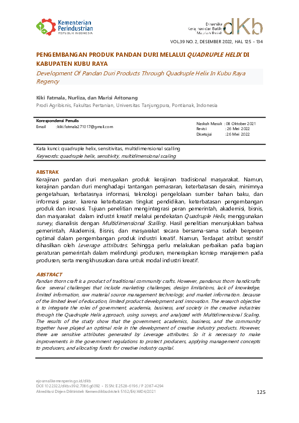 (PDF) Pengembangan Produk Pandan Duri Melalui Quadruple Helix DI Kabupaten Kubu Raya