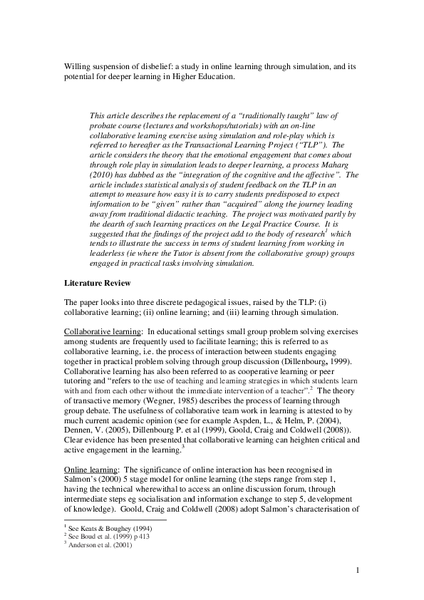 (PDF) Willing Suspension of Disbelief: A Study in Online Learning ...
