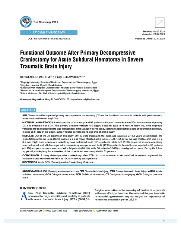 (PDF) Functional outcome after primary decompressive craniectomy for acute subdural hematoma in ...