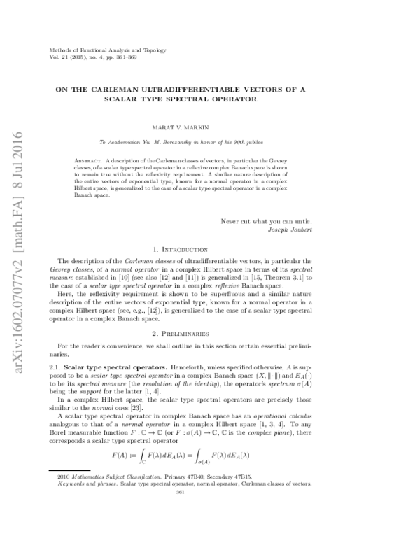 (PDF) On the Carleman Ultradifferentiable Vectors of a Scalar Type Spectral Operator