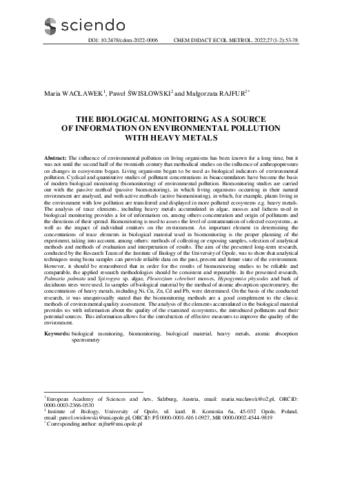 (PDF) The Biological Monitoring as a Source of Information on ...