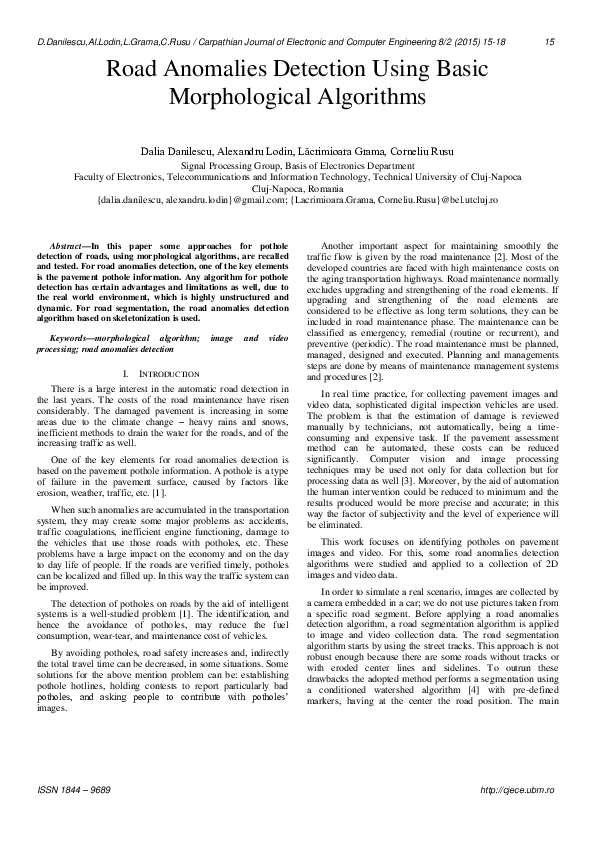 (PDF) Road Anomalies Detection Using Basic Morphological Algorithms