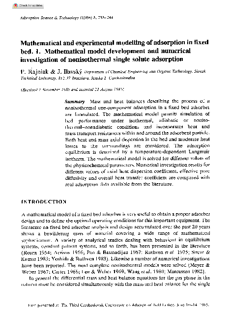 (PDF) Mathematical and Experimental Modelling of Adsorption in Fixed Bed. II. Experimental ...