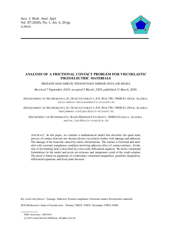 (PDF) Analysis of a Frictional Contact Problem for Viscoelastic Piezoelectric Materials