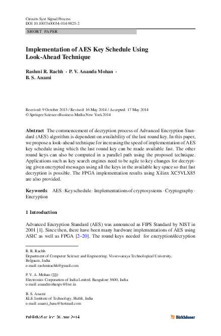 Pdf Implementation Of Aes Key Schedule Using Look Ahead Technique