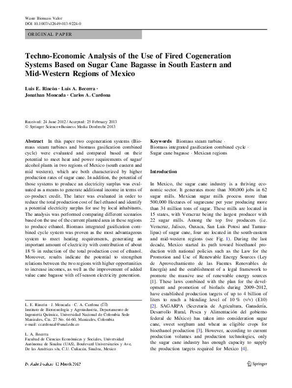 (PDF) Techno-Economic Analysis of the Use of Fired Cogeneration Systems ...
