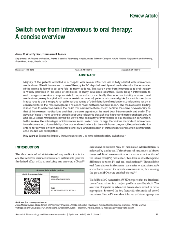 (PDF) Intravenous to Oral Therapy: A Review