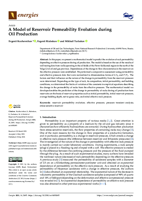(PDF) A Model of Reservoir Permeability Evolution during Oil Production