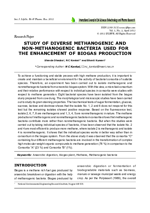 (PDF) Study of diverse methanogenic and non-methanogenic bacteria used for the enhancement of ...