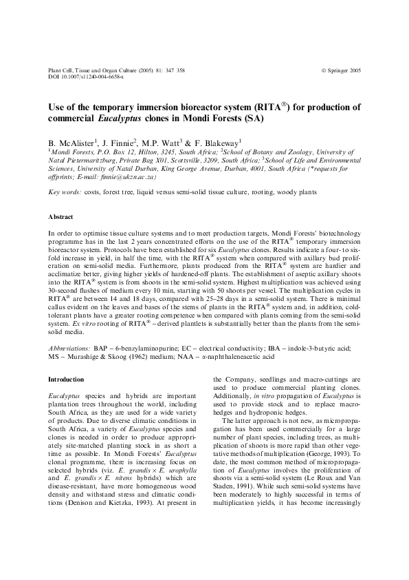 (PDF) Use of the temporary immersion bioreactor system (RITA ) for production of commercial ...