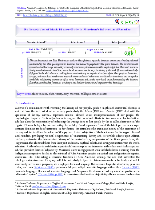 (PDF) Re-Inscription of Black History/Body in Morrison's Beloved and ...