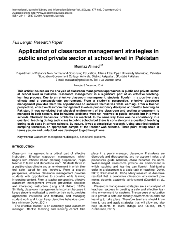 (PDF) Application of classroom management strategies in public and ...