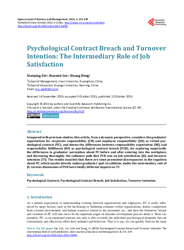 (PDF) Psychological Contract Breach and Turnover Intention: The Intermediary Role of Job ...