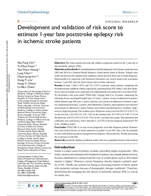 (PDF) Development and validation of risk score to estimate 1-year late poststroke epilepsy risk ...