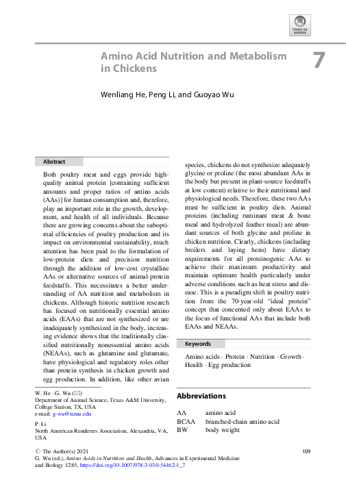 (PDF) Amino Acid Nutrition and Metabolism in Chickens