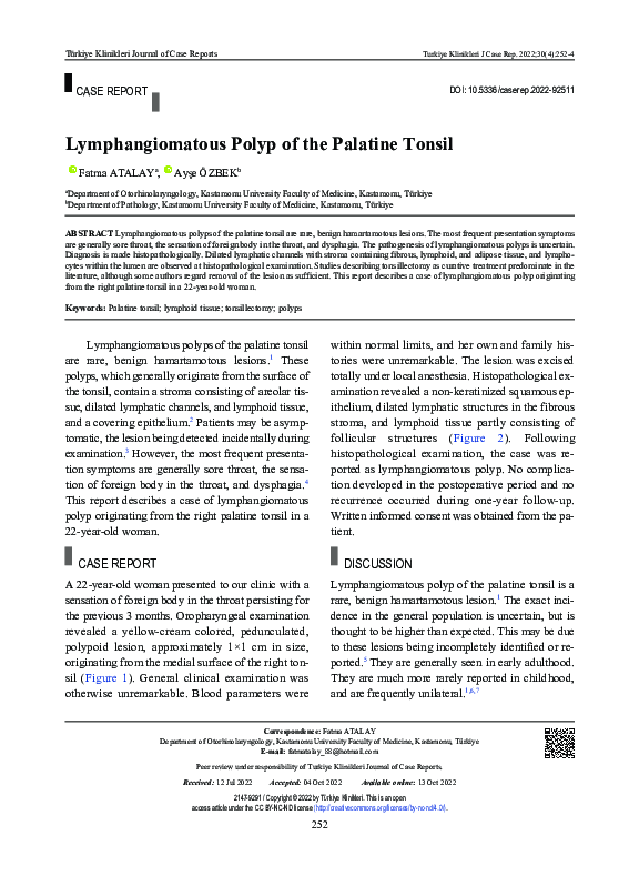 (PDF) Lymphangiomatous Polyp of the Palatine Tonsil