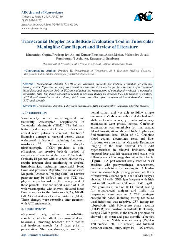 (PDF) Transcranial Doppler as a Bedside Evaluation Tool in Tubercular ...