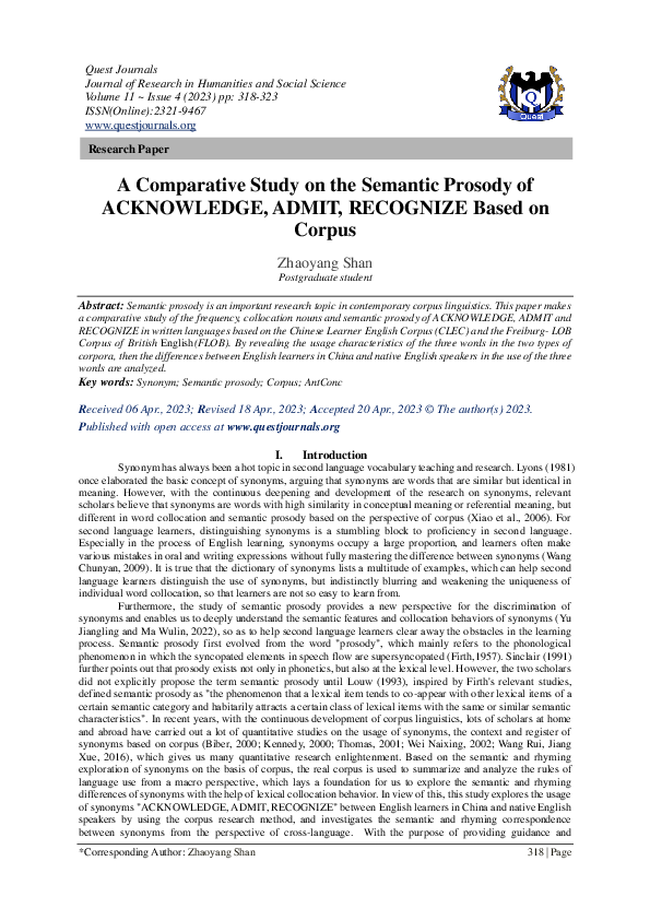 (PDF) A Comparative Study on the Semantic Prosody of ACKNOWLEDGE, ADMIT, RECOGNIZE Based on Corpus