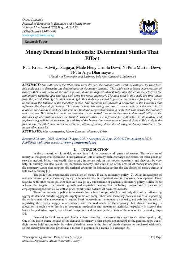 (PDF) Money Demand in Indonesia: Determinant Studies That Effect