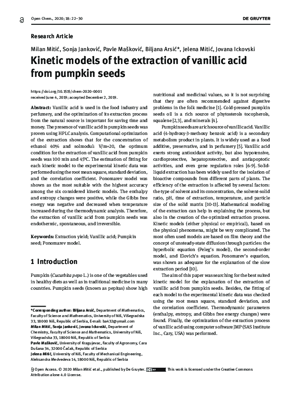 (PDF) Kinetic models of the extraction of vanillic acid from pumpkin seeds