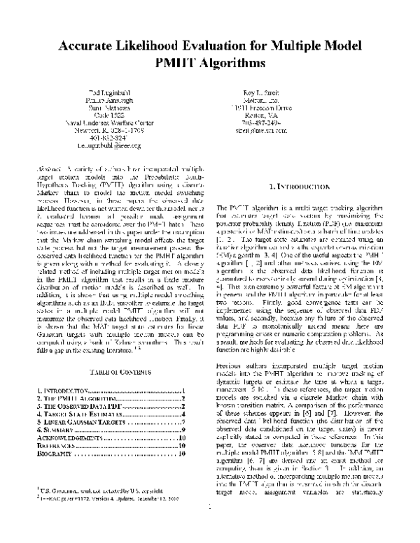 (PDF) Accurate Likelihood Evaluation for Multiple Model PMHT Algorithms | Roy Streit - Academia.edu