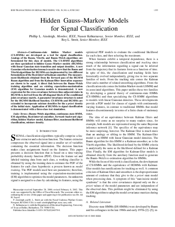 Pdf Hidden Gauss Markov Models For Signal Classification Roy Streit