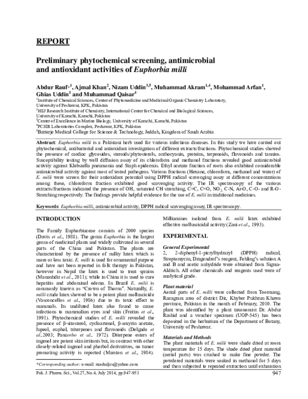 (PDF) Preliminary phytochemical screening, antimicrobial and antioxidant activities of Euphorbia ...