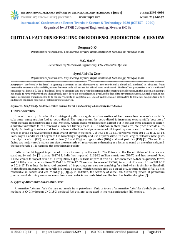 (PDF) Critical Factors Effecting on Biodiesel Production- a Review