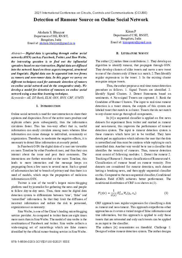 (PDF) Detection of Rumour Source on Online Social Network