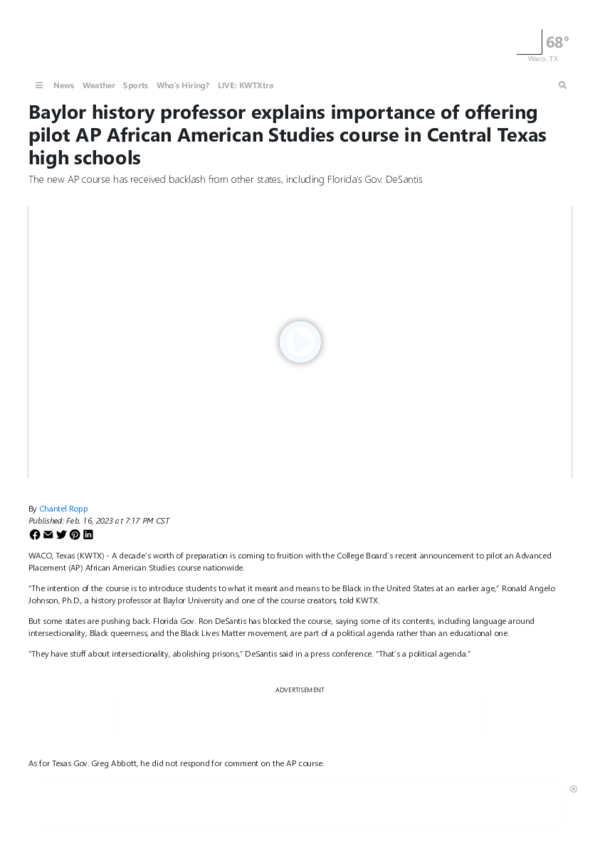 (PDF) Baylor history professor on AP African American Studies course