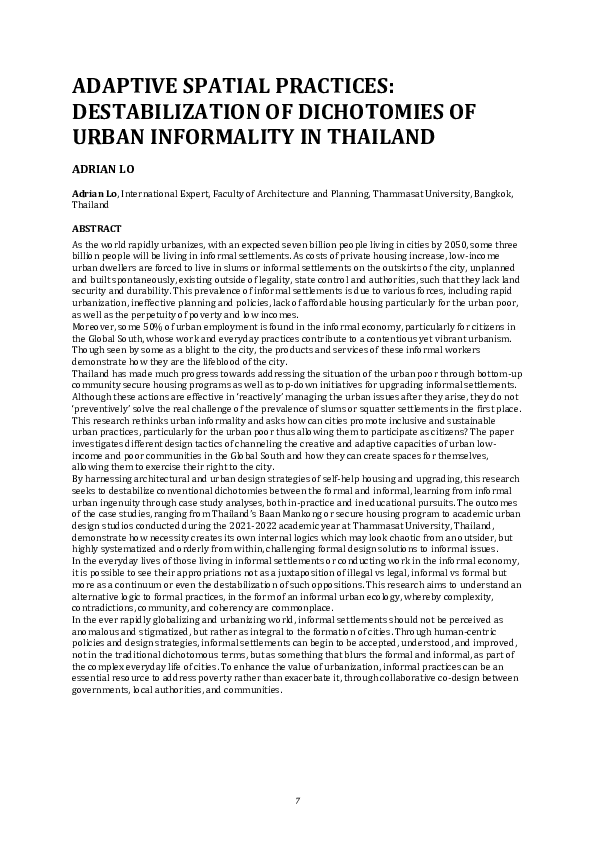 (PDF) Adaptive Spatial Practices: Destabilizatıon of Dichotomıes of Urban Informality in Thailand